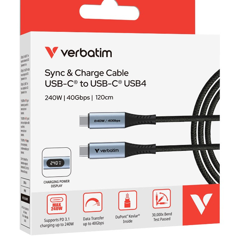 Verbatim Sync & Charge USB C to USB C 240W 40 Gbps Display 120 cm 3184 ...