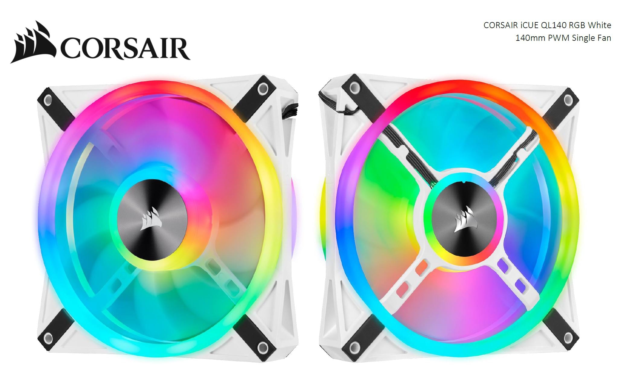 Corsair QL140 RGB White, ICUE, 140mm RGB LED PWM Fan 26dBA, 50.2 CFM ...