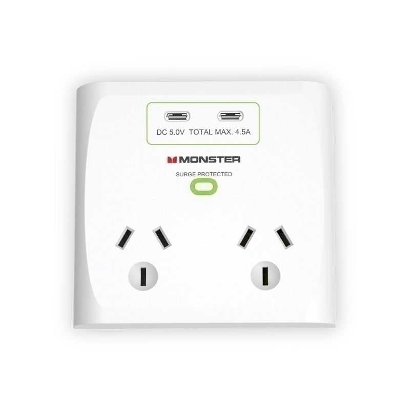 Monster Dual Socket Surge Protector with Dual USB-C Ports - White - MT ...